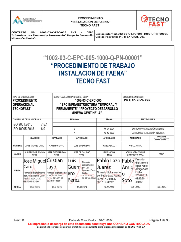 "1002-03-C-EPC-005-1000-Q-PN-00001": "Procedimiento de Trabajo Instalacion de Faena" Tecno Fast ...