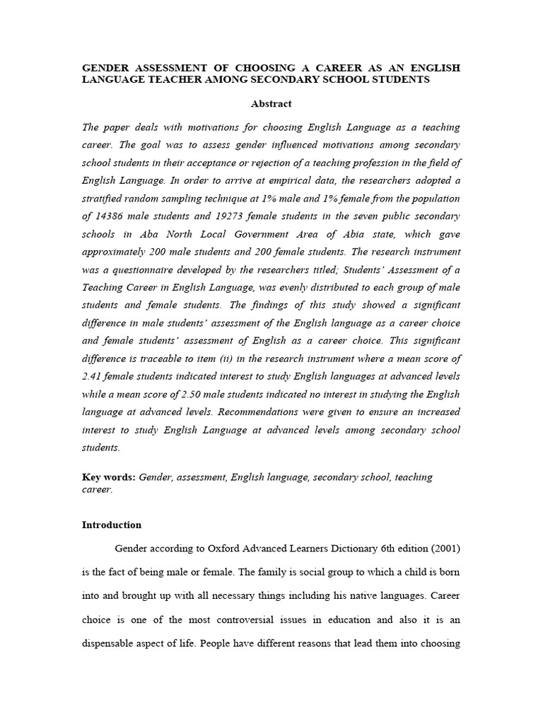 Gender Assessment of Choosing A Career As An Engli | PDF | English ...