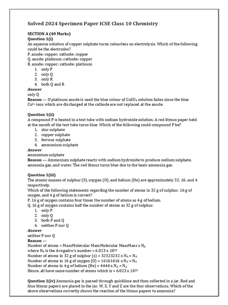 Solved 2024 Specimen Paper ICSE Class 10 Chemistry | PDF | Redox | Acid