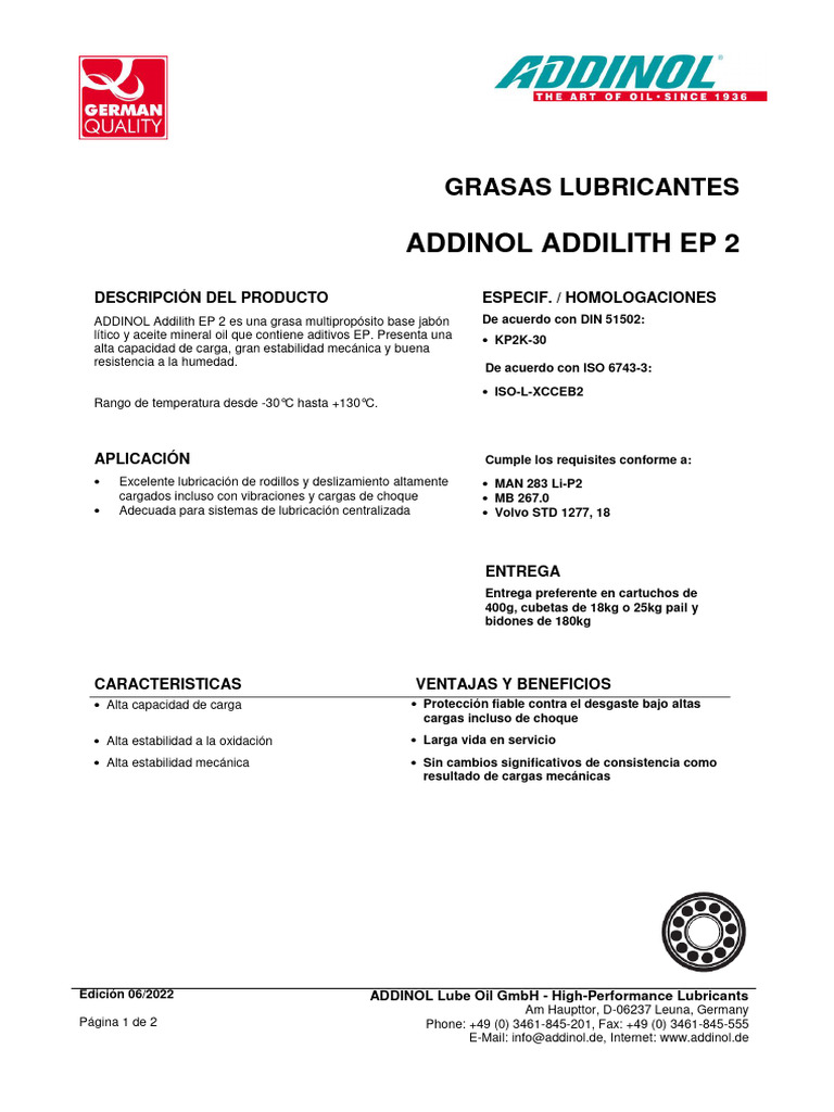 Grasa Lubricante ADDINOL EP 2 | PDF | Ciencias fisicas | Sustancias químicas