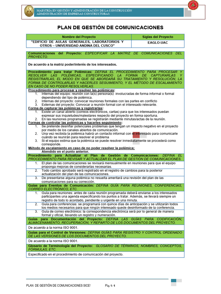 19. PLAN DE GESTION DE COMUNICACIONES | PDF