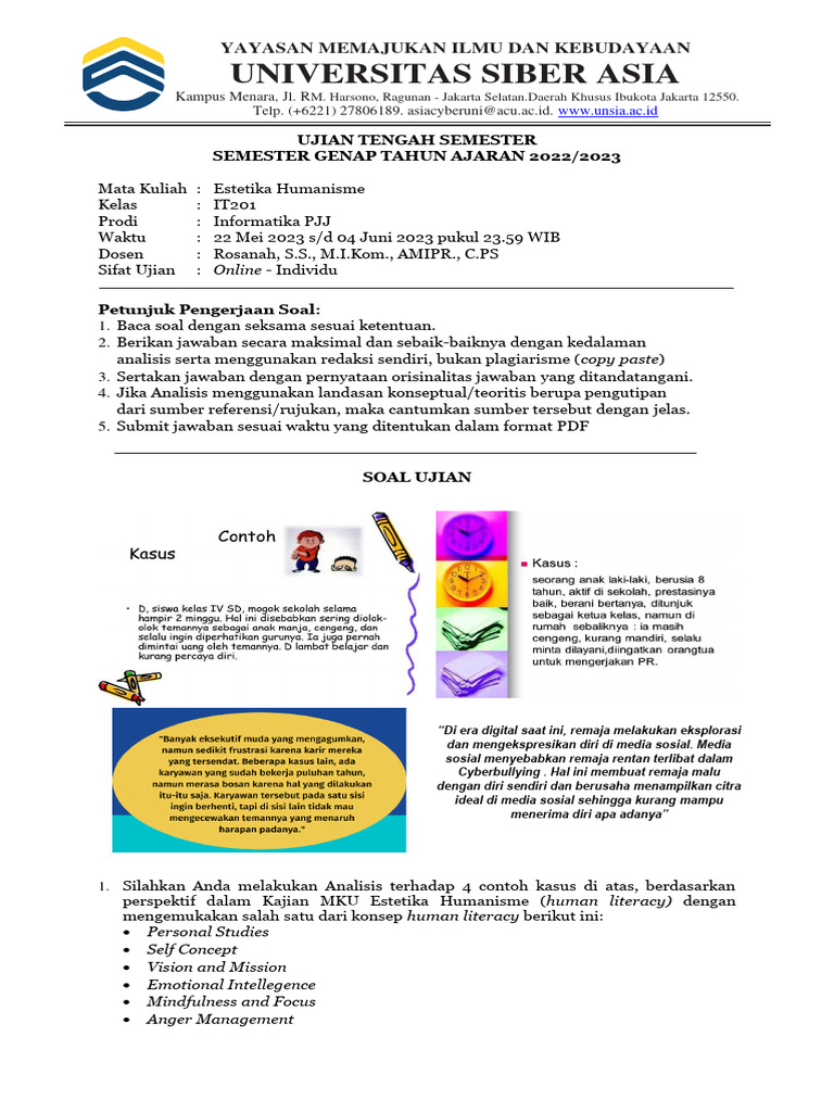 SOAL UTS ESTETIKA HUMANISME - IT201 - Dosen Rosanah - Validasi Fix | PDF | Ilmu Sosial
