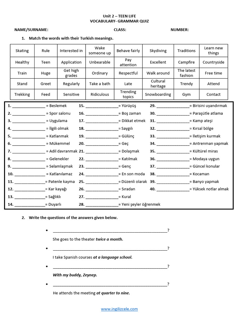 8 Sinif 2 Unite Teen Life Vocabulary Grammar Quiz | PDF