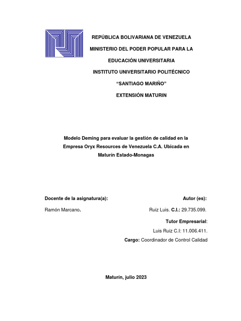 Modelo Deming Oryx Luis Ruiz | PDF | Calidad (comercial) | Sistema de ...