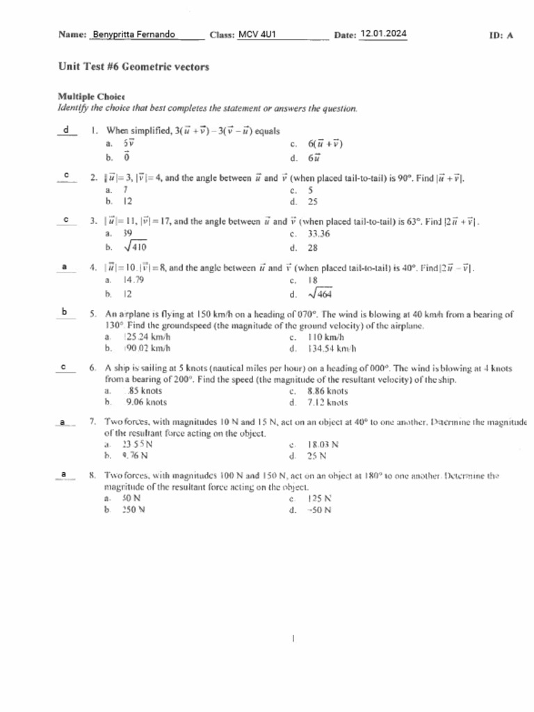 Kami Export - MCV 4U1 Unit Test #6 Geometric Vectors | PDF
