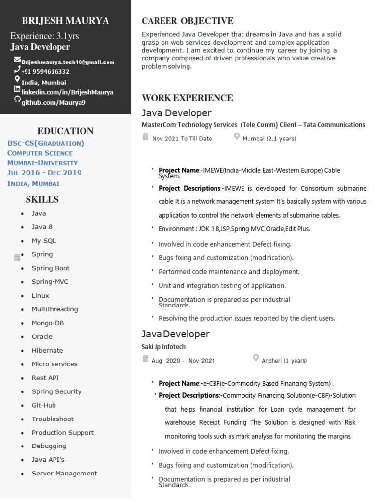 Brijesh Maurya 3+ Yrs | PDF | Java (Programming Language) | Spring ...