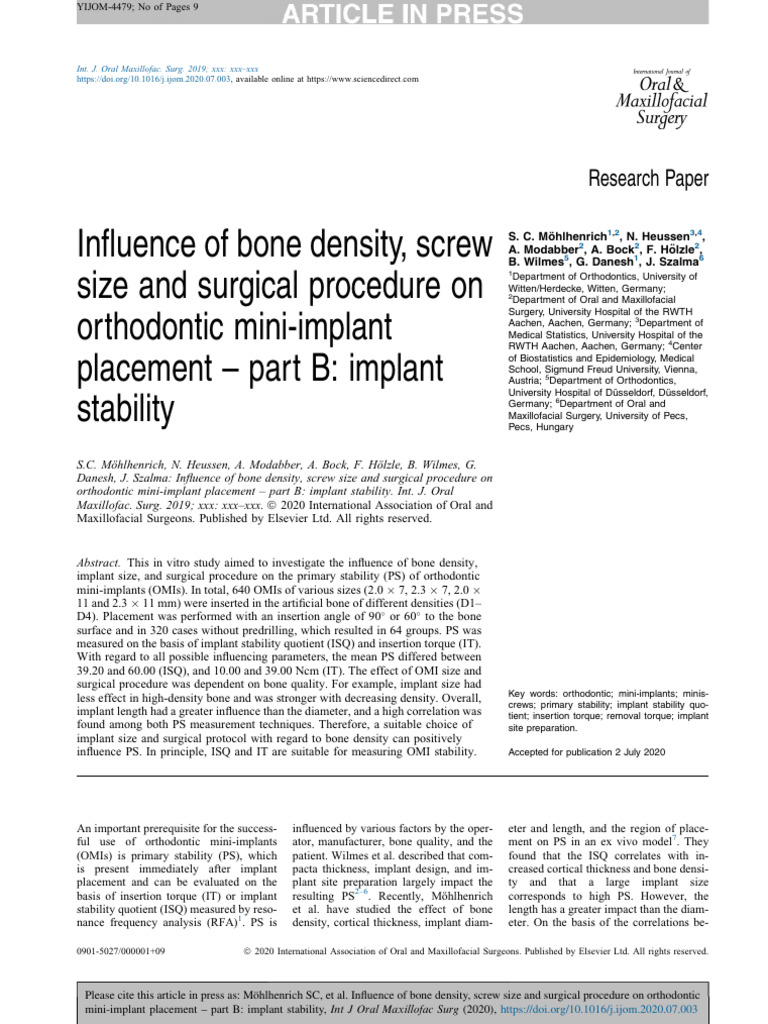 2021 - Influence of Bone Density, Screw | Download Free PDF | Dental ...