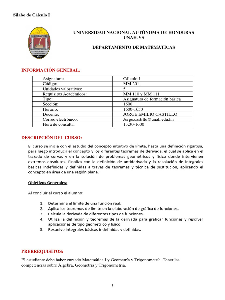 Sílabo Cálculo I 1° MM201 - 2024 | PDF | Derivado | Integral