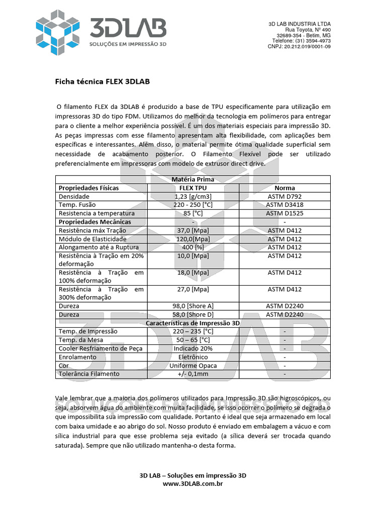 Data Sheet Filamento FLEX 3DLAB | PDF | Impressão 3D | Polímeros