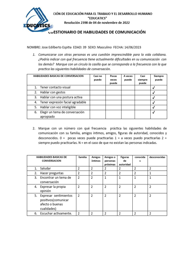 CUESTIONARIO DE HABILIDADES COMUNICATIVAS Jose Espitia | PDF