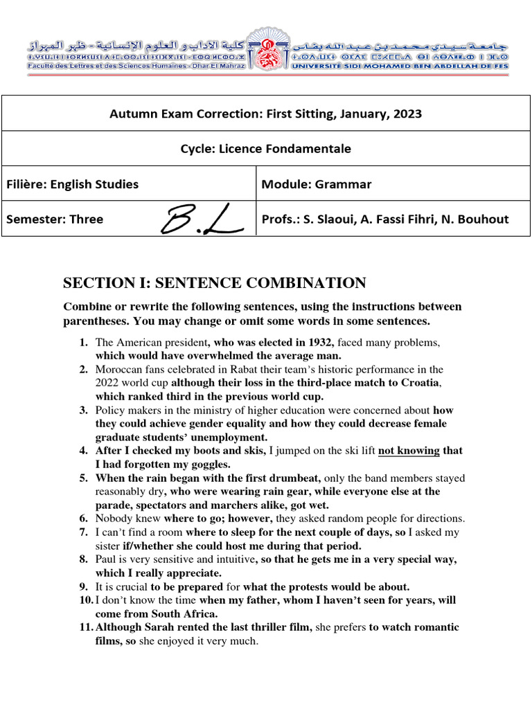 Grammar Autumn Exam Correction | PDF | Adjective | Syntax