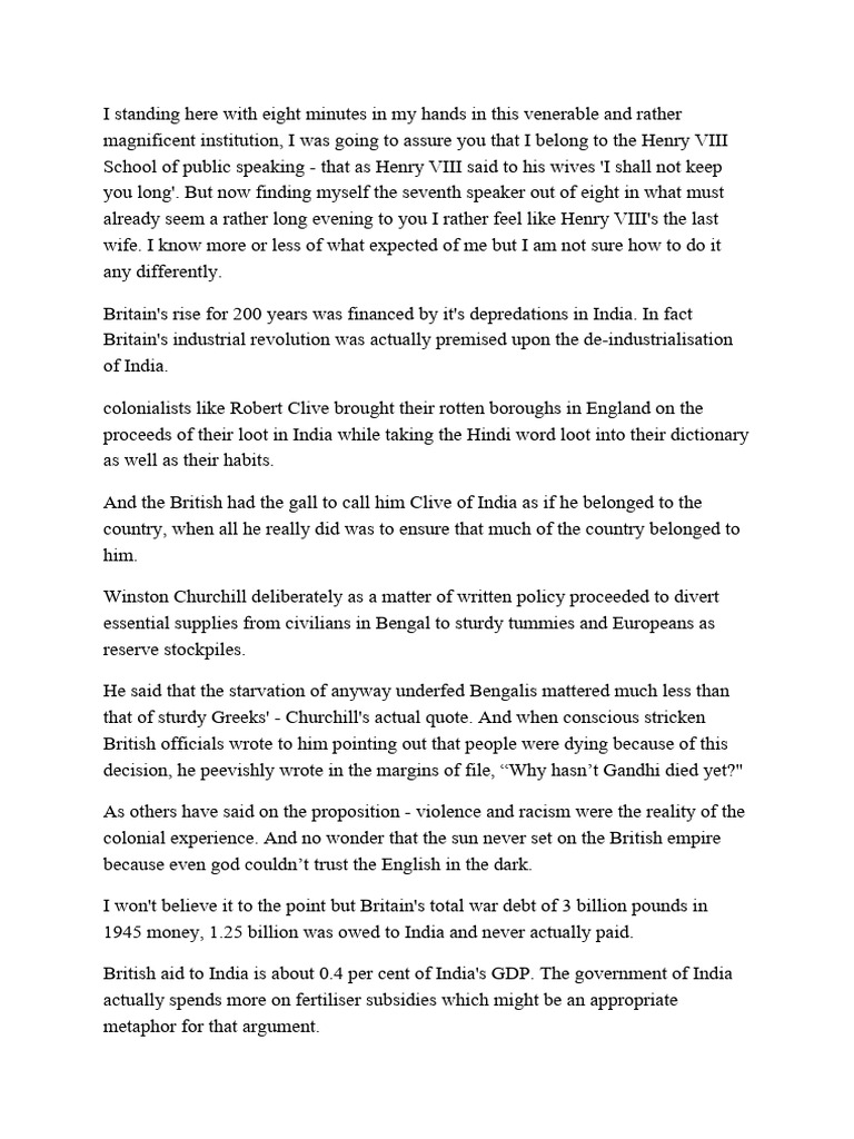 Abridged Speech Sashi Tharoor Pdf British Empire