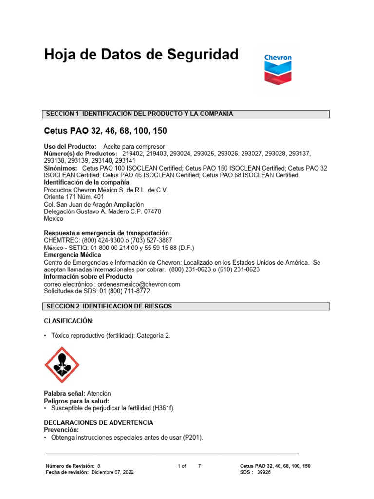 Hoja de Seguridad Cetus PAO 32-150 | PDF