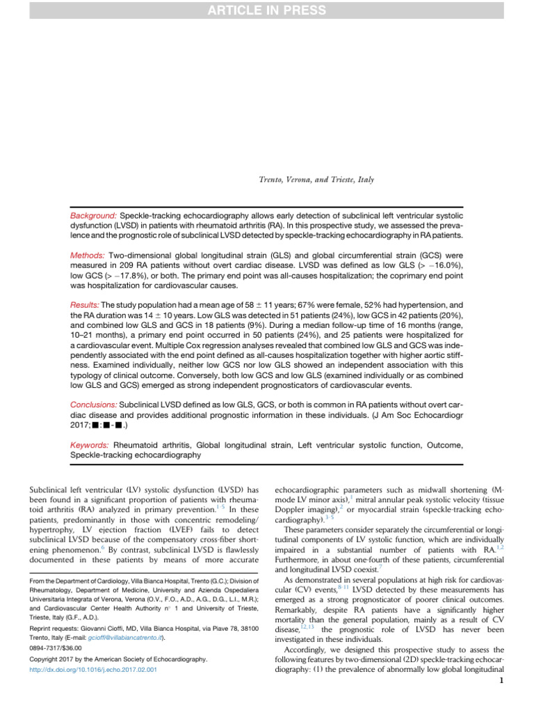 Prognostic Role of Subclinical Left Ventricular Systolic Dysfunction ...
