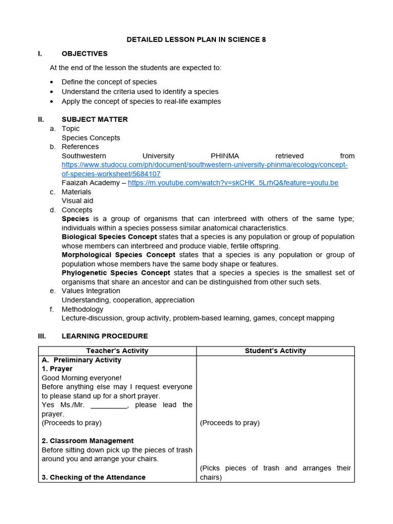 Concept of Species Lesson Plan | PDF | Language Arts & Discipline ...
