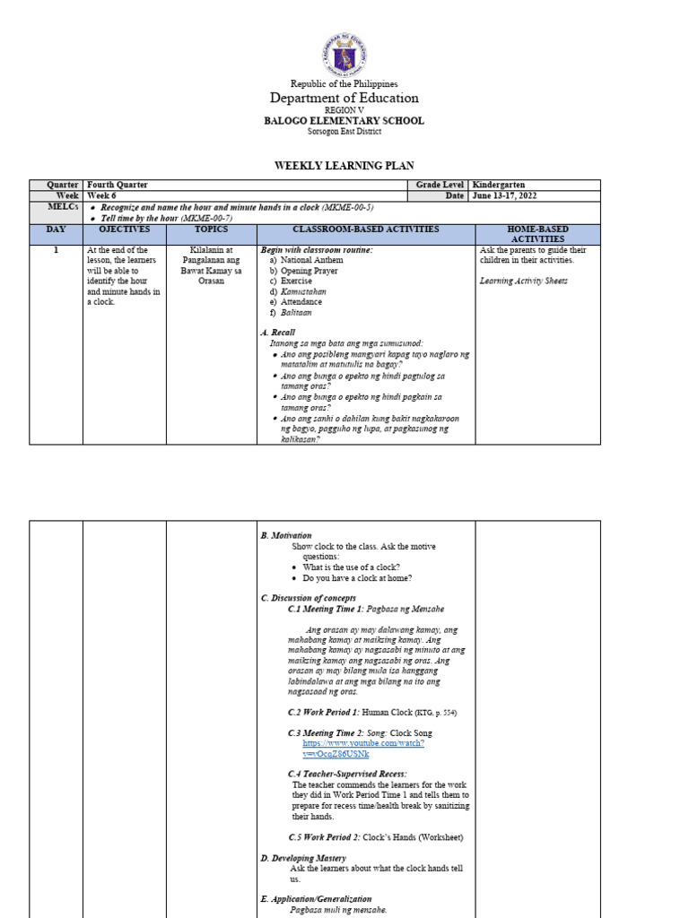 Kindergarten Lesson Plan: Week 6 | PDF | Youth | Human Life Stages