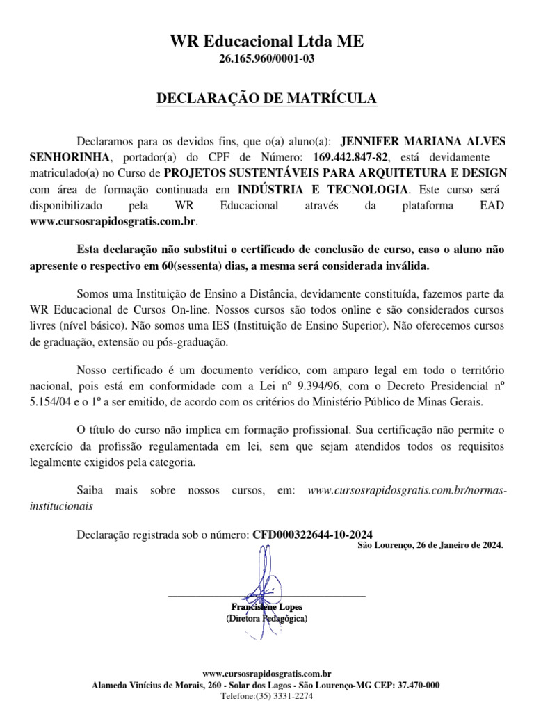 Declaracao de Matricula - Projetos Sustentáveis para Arquitetura e ...