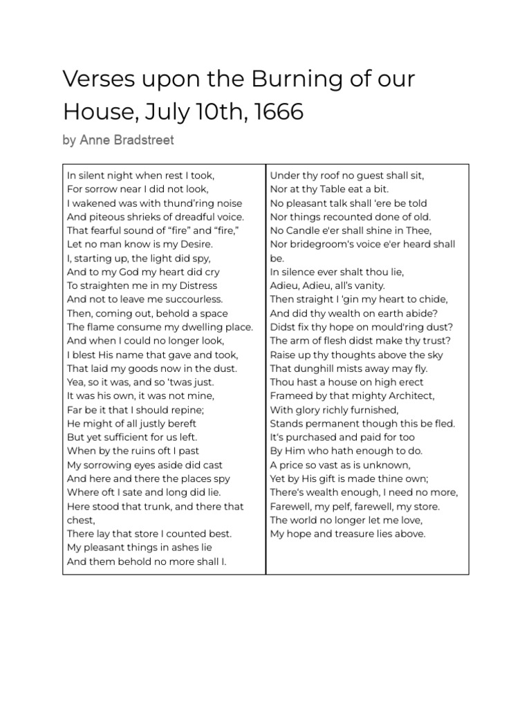 Upon The Burning of Our House by Anne Bradstreet | PDF