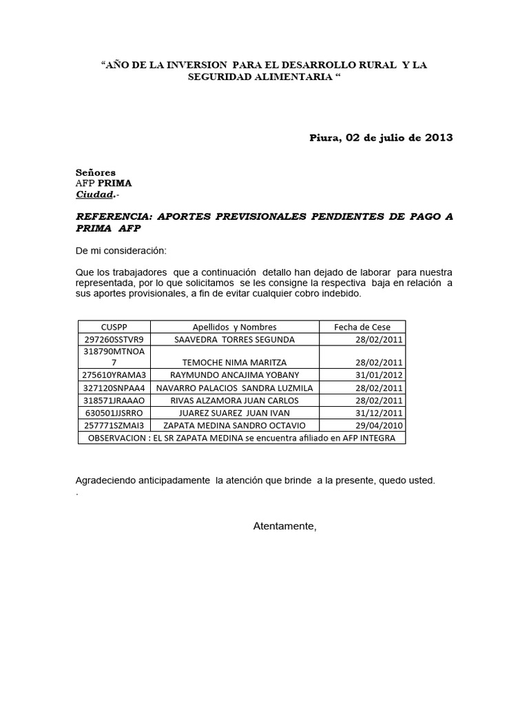 Carta A Afp Prima | PDF