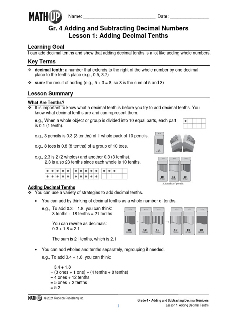 MathUp Add and Sub Dec No 01 Add Dec Tenths (Gr. 4) | PDF | Numbers ...