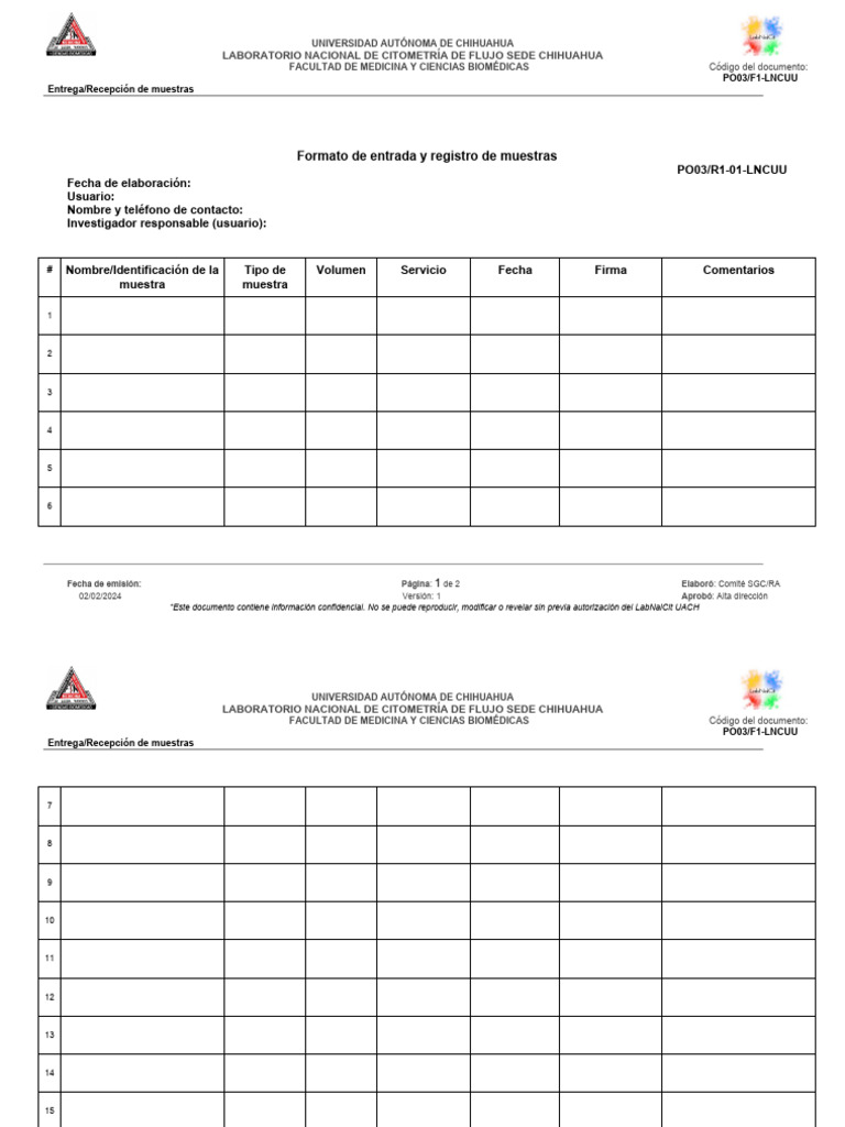 PO03 - F1-LNCUU Formato Entrega - Recepción de Muestras | PDF | Informática