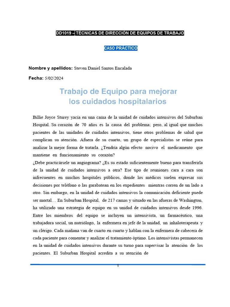 DD1019 - Equipo de Trabajo | Descargar gratis PDF | Hospital | Medicina de Cuidados Intensivos