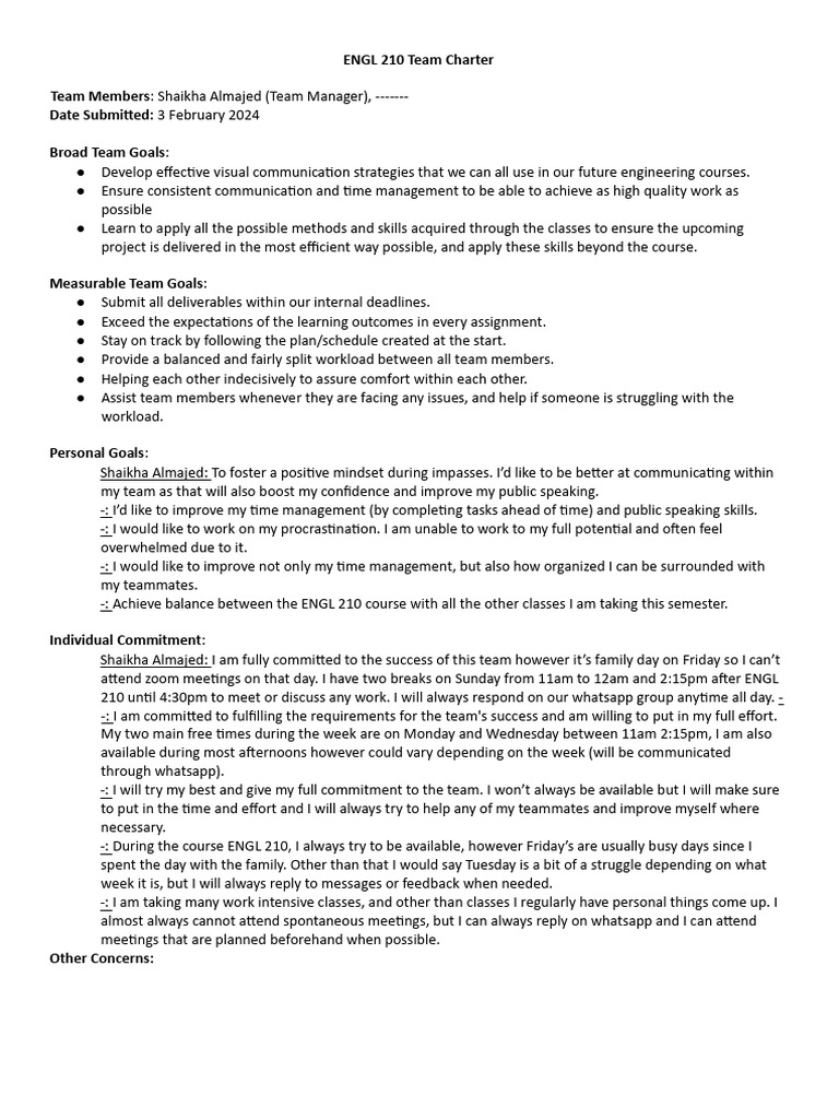 Team Charter Draft 1 | PDF | Communication | Plagiarism Team Charter Draft 1 | PDF | Communication | Plagiarism