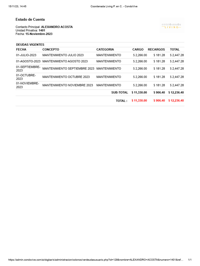Estado de Cuenta Departamento 1401 Coordenada Living | PDF