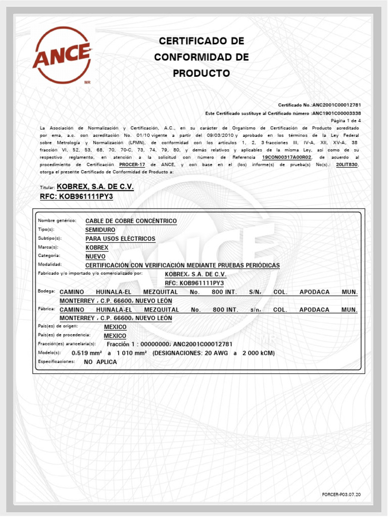 Certificado de Conformidad KOBREX 2020 | PDF
