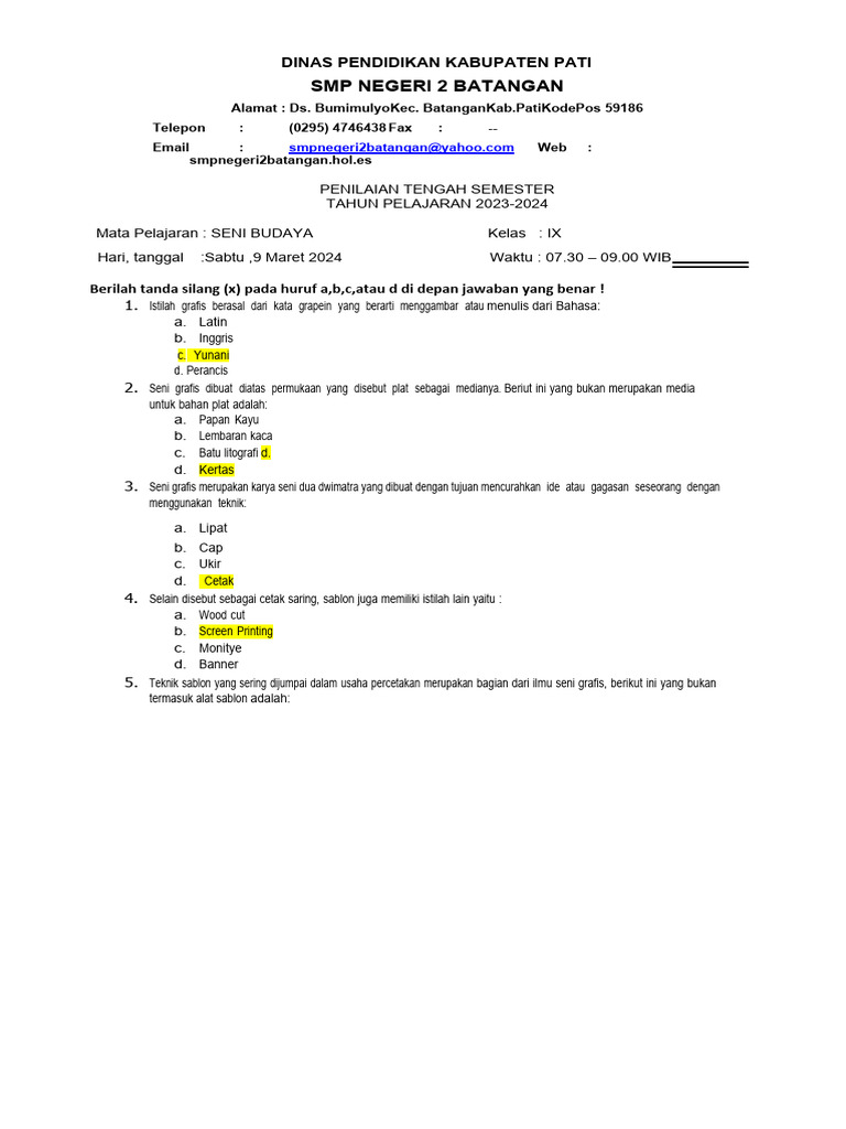 Soal PTS Seni Budaya | PDF