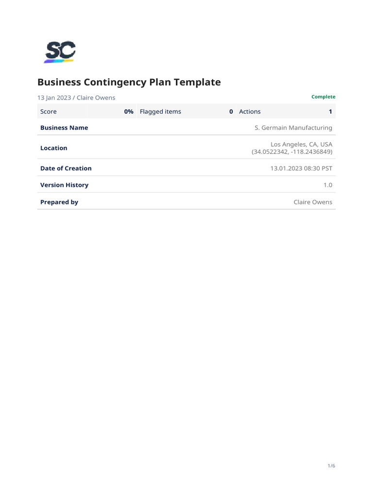 Business Contingency Plan Template Sample Report SafetyCulture | PDF ...