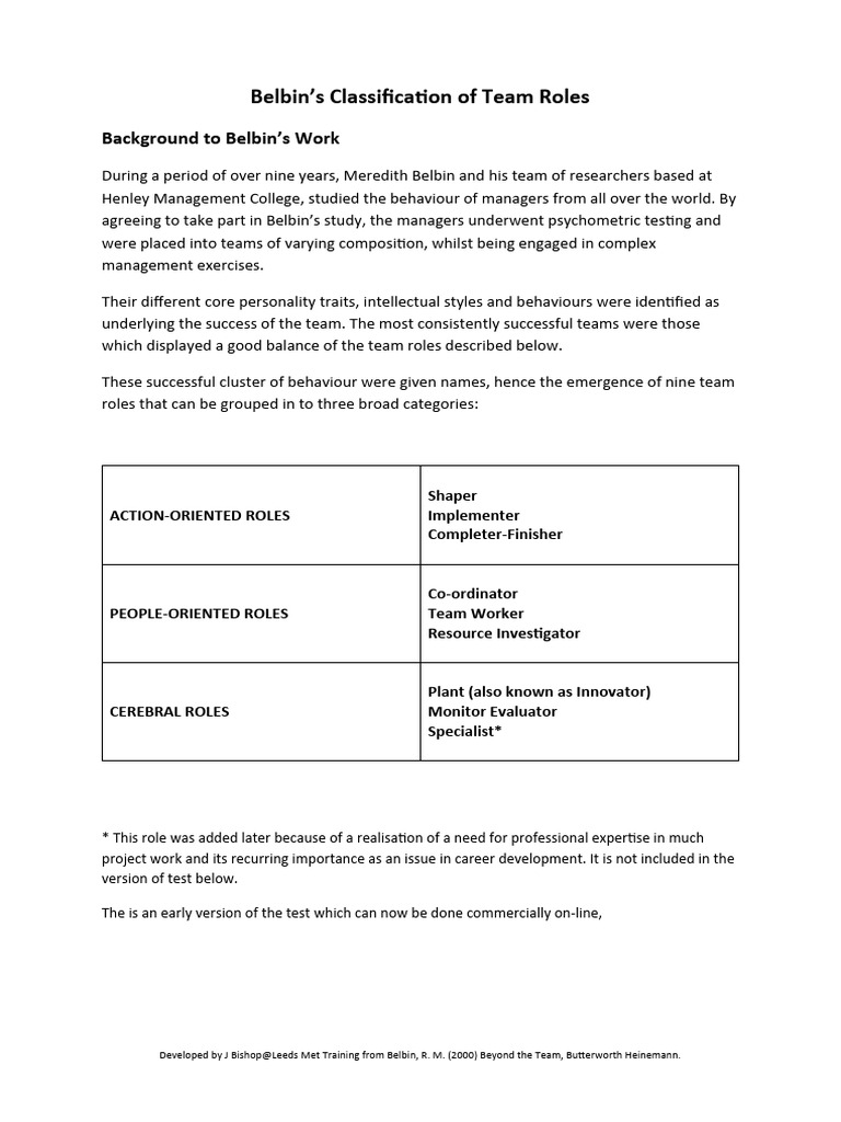 Belbin Team Roles Overview | PDF | Cognitive Psychology | Cognitive Science