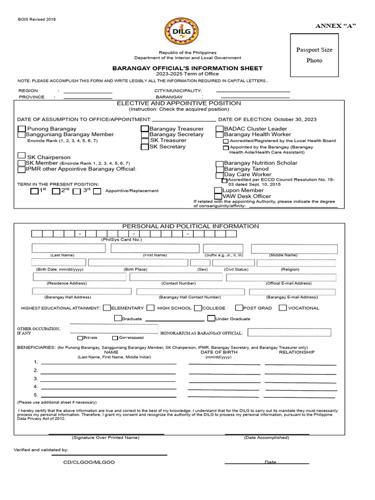 Barangay Official's Information Sheet 2023 | PDF