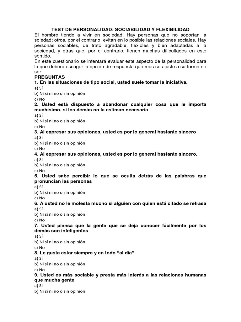 Test de Personalidad: Sociabilidad y Flexibilidad | PDF