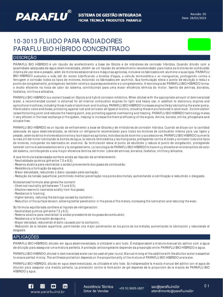 Ficha - Tecnica - Paraflu Bio Hibrido Concentrado | PDF | Motores | Química