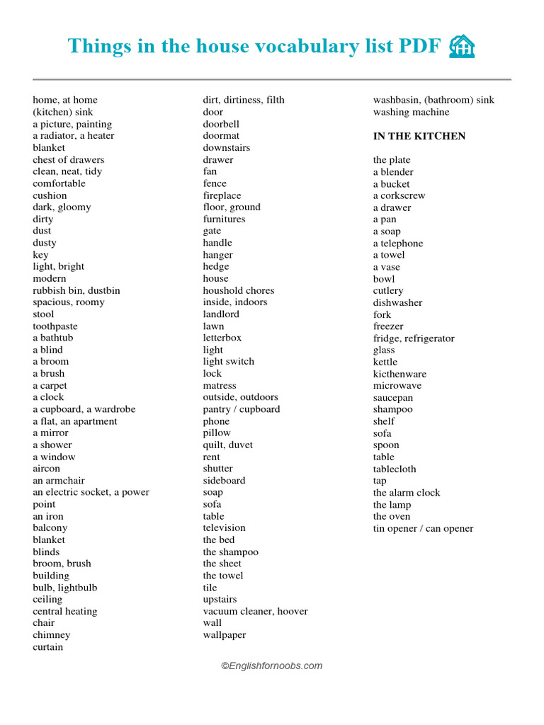 Things in the House Vocabulary List | PDF