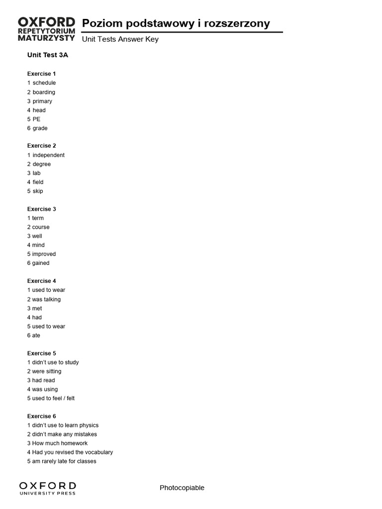 Unit Tests Answer Key: Levels A & B | PDF
