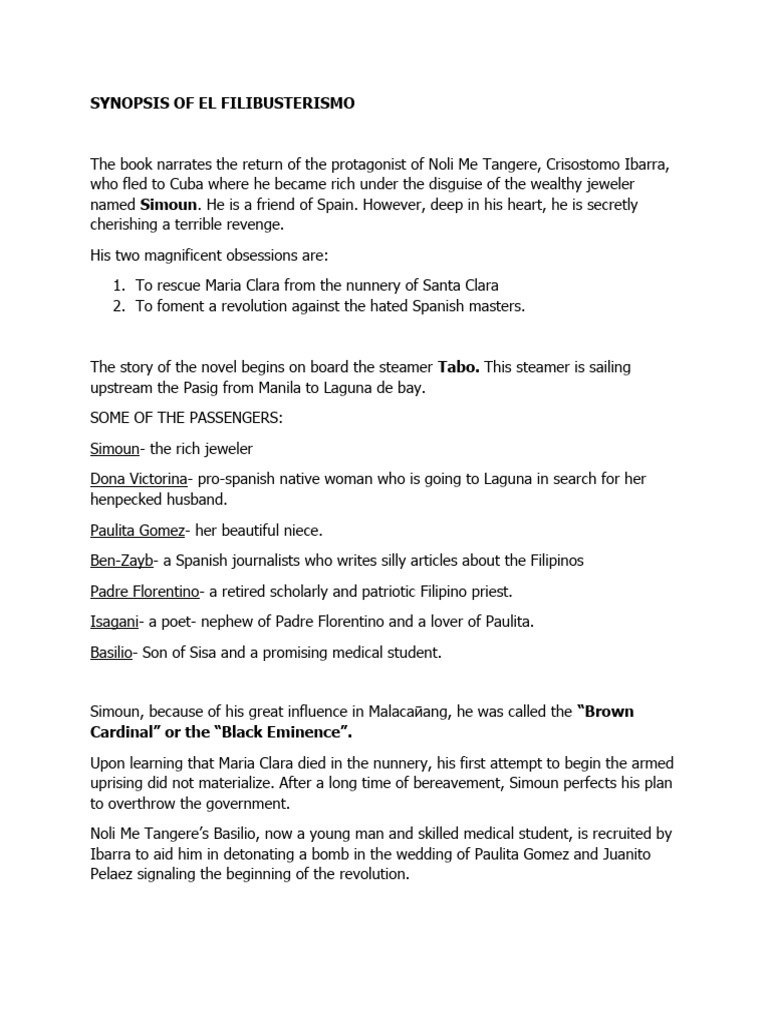 Synopsis of El Fili and Onwards | PDF | Novels | Philippines