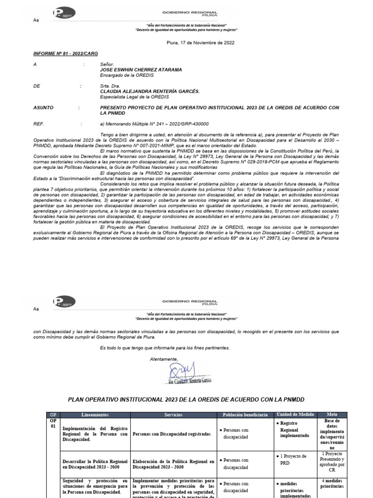 Informe 81 - 2022 PRESENTO PROYECTO DE PLAN OPERATIVO INSTITUCIONAL 2023 DE LA OREDIS DE ACUERDO ...