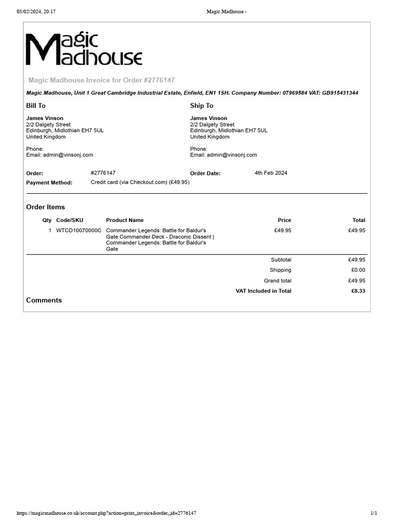 Magic Madhouse Invoice #2776147 | PDF