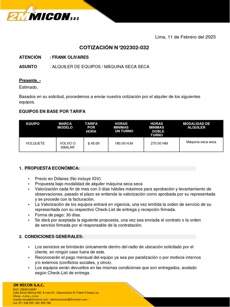 Cotizacion - N°202302-032 - Cobriza | PDF | Finanzas y dinero