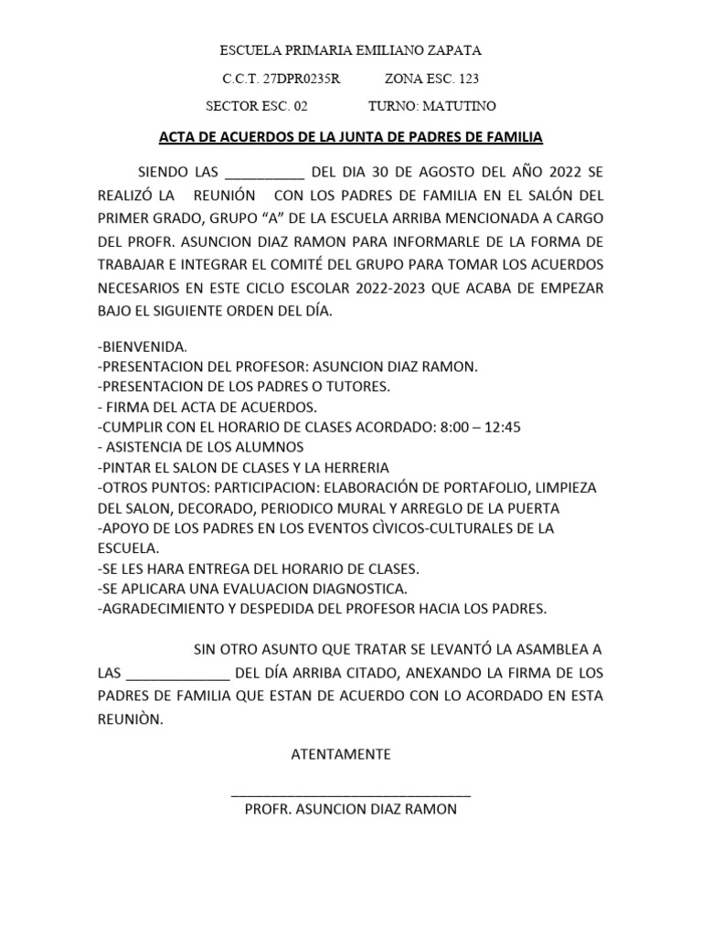 Acta de Acuerdos de La Junta de Padres de Familia | PDF | Evaluación