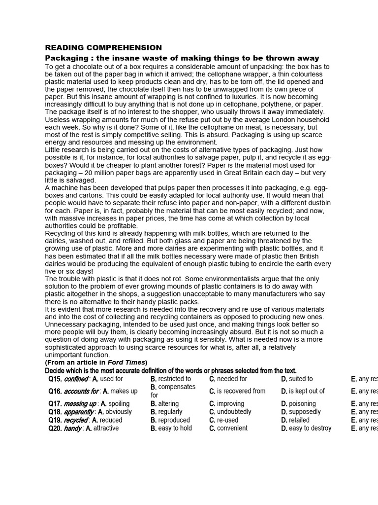 READING COMPREHENSION | PDF | Paper | Recycling