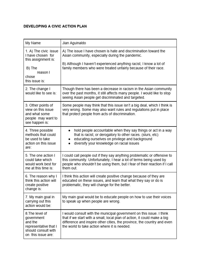 Developing A Civic Action Plan | PDF | Racism | Discrimination & Race ...