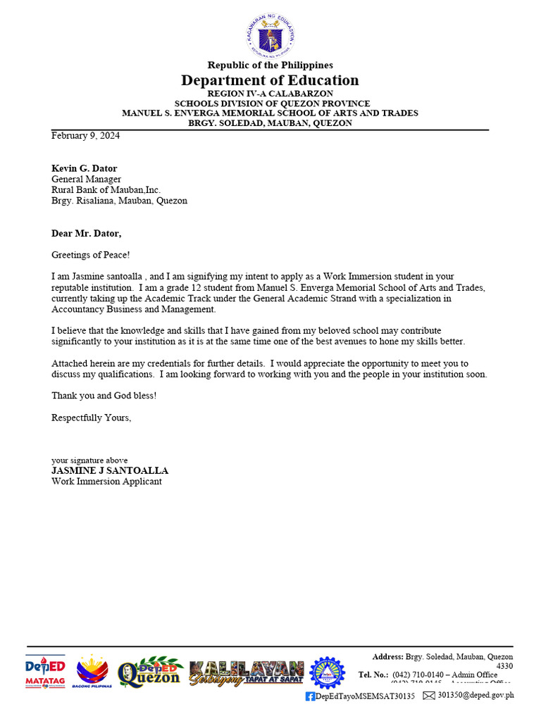 Letter of Intent Work Immersion 2 | PDF