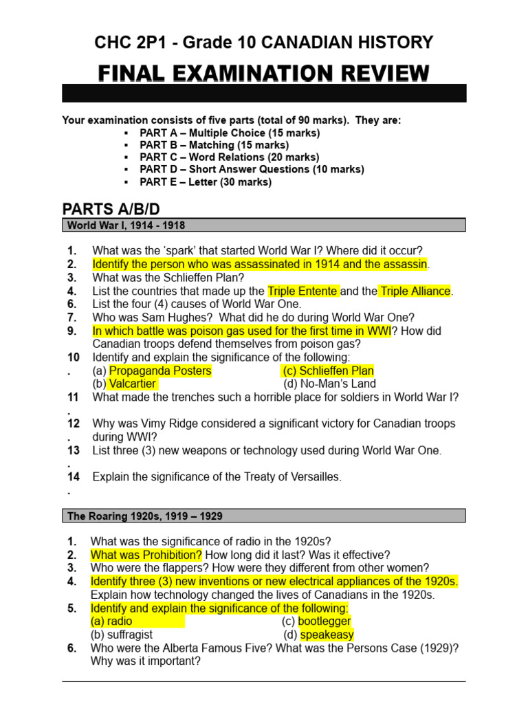 Grade 10 Canadian History Exam Guide | PDF | World War I | World War II