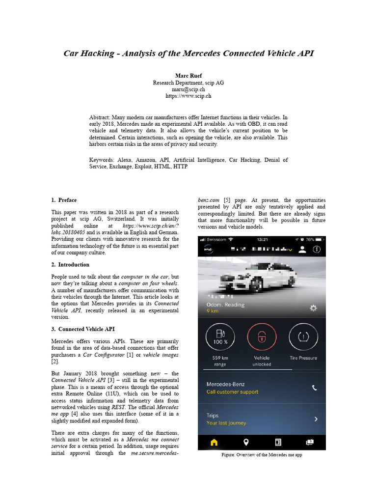 CarHacking AnalysisoftheMercedesConnectedVehicleAPI | PDF | Computer Security | Security
