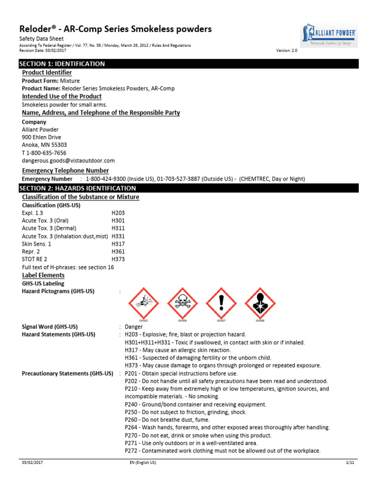 Reloder Series SDS | PDF | Toxicity | Dangerous Goods