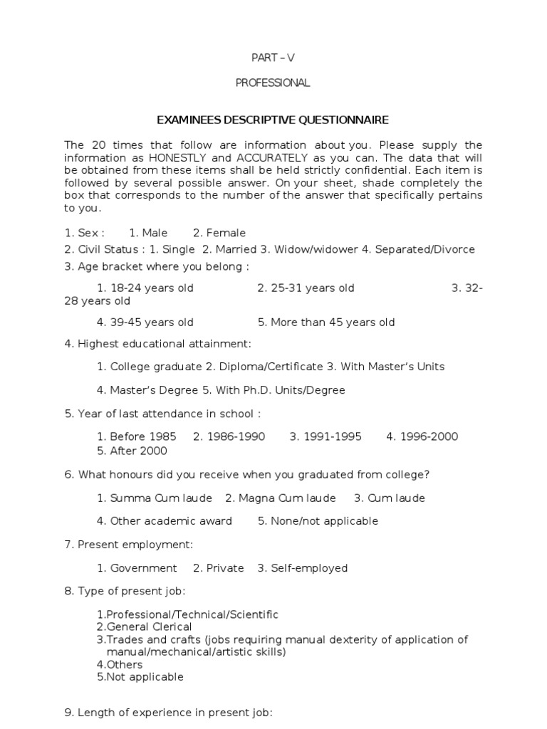 Professional Examinees Descriptive Questionnaire: Providing Honest and ...