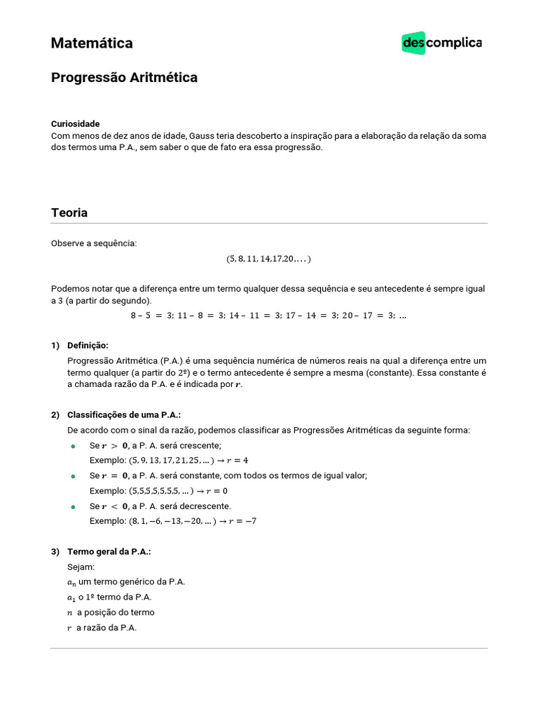 turmadeagosto-matemática1-Progressão Aritmética- | PDF | Sequência ...
